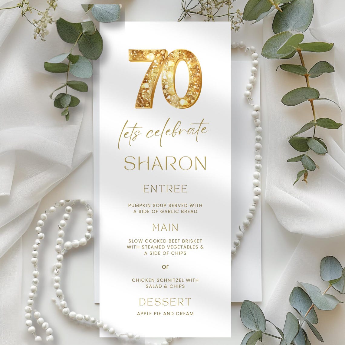 70th Birthday Dinner Menu, Elegant Gold Theme, Editable Template for ...