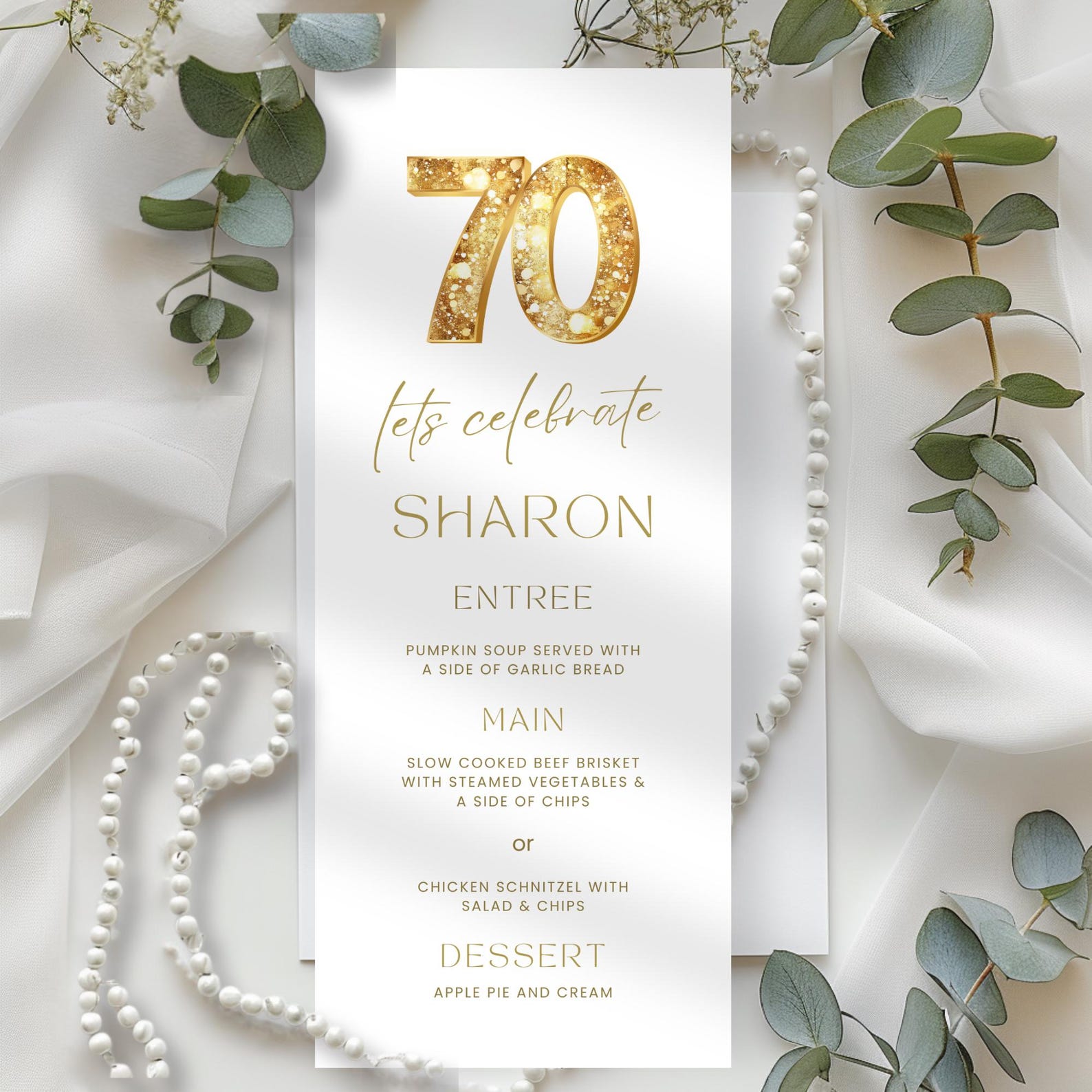 70th Birthday Dinner Menu, Elegant Gold Theme, Editable Template for ...