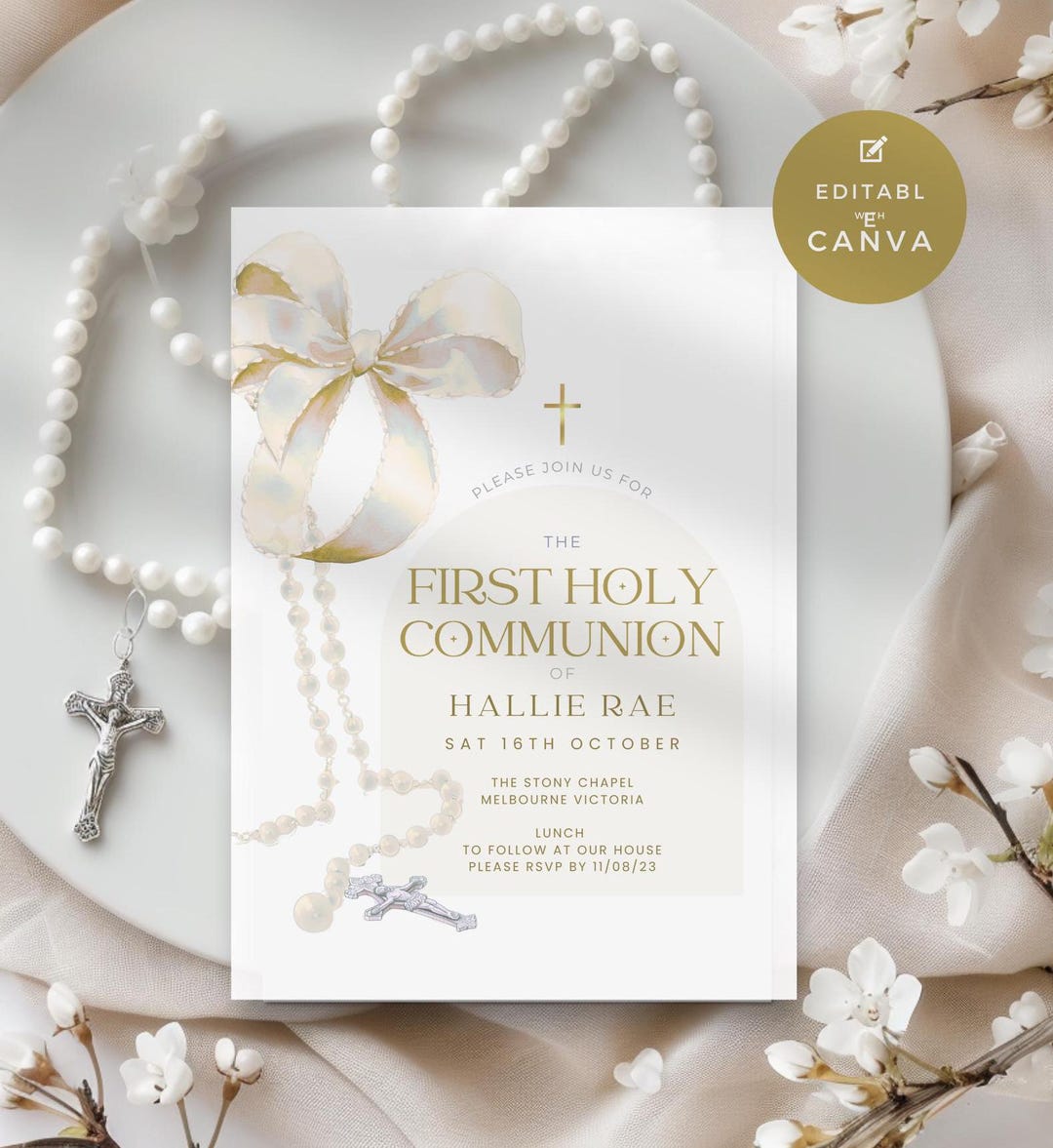 Gold Bow First Holy Communion Invitation, 1st Communion Invite for Girl ...