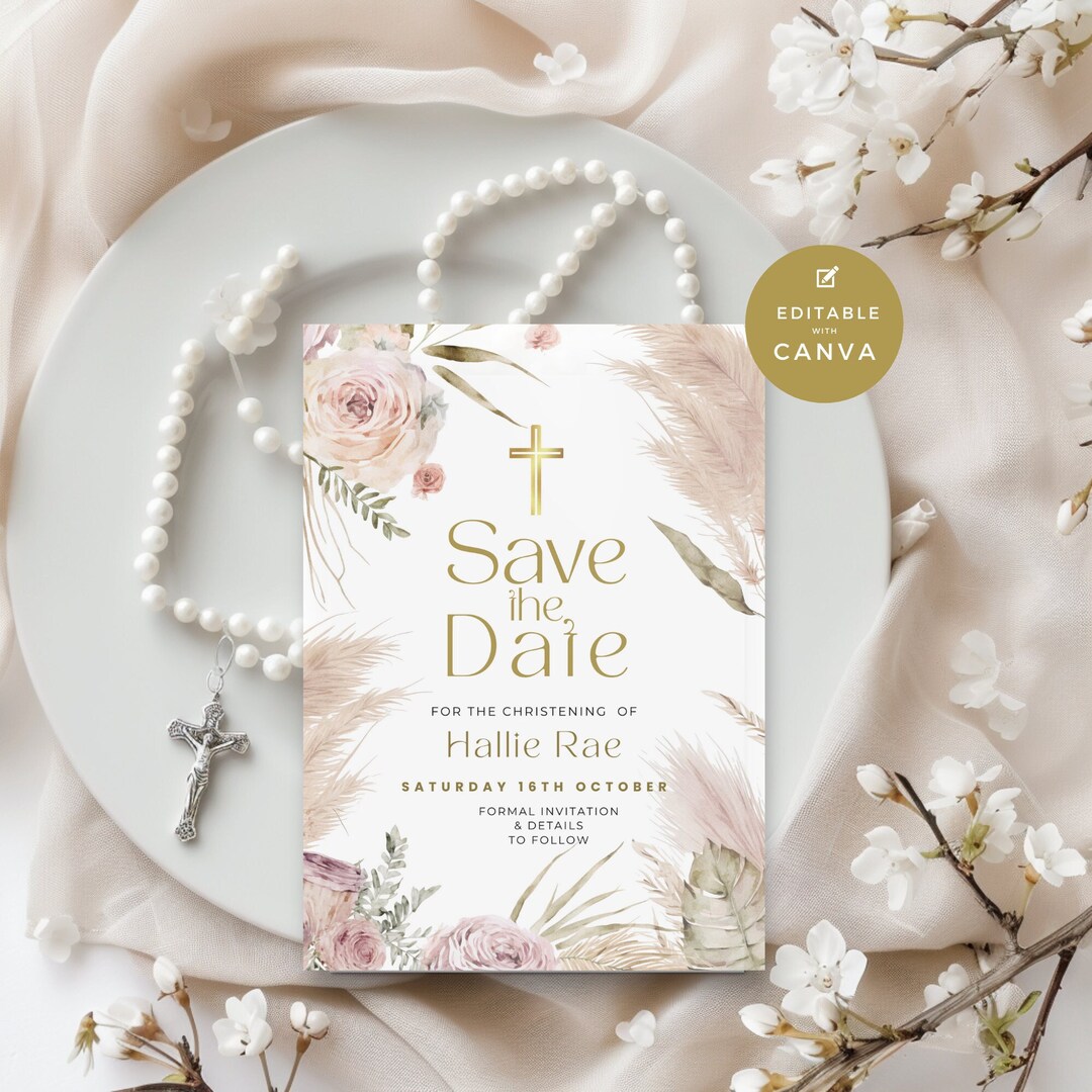 Save the Date Christening Invitation, Girls Pampas Grass Invitation ...