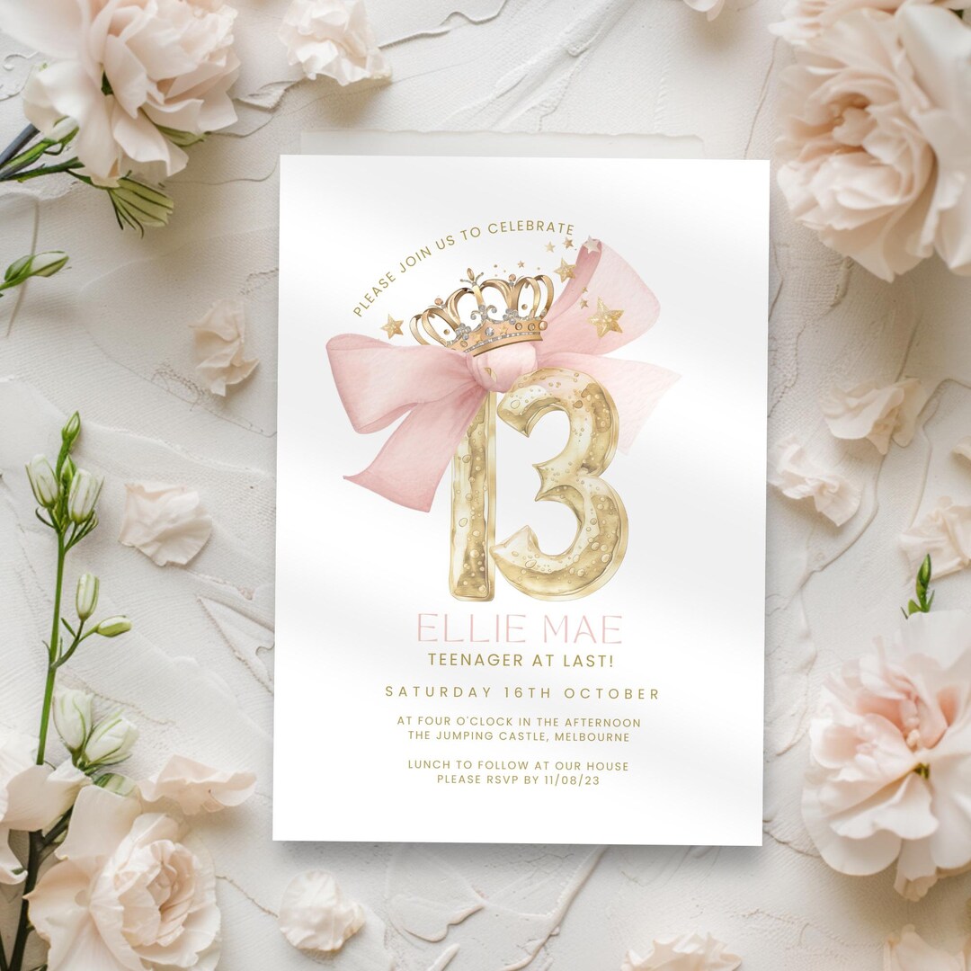 Coquette Pink Bow 13th Birthday Invitation, Gold Teenager at Last Invite, 13 Year Old Teen Party ...