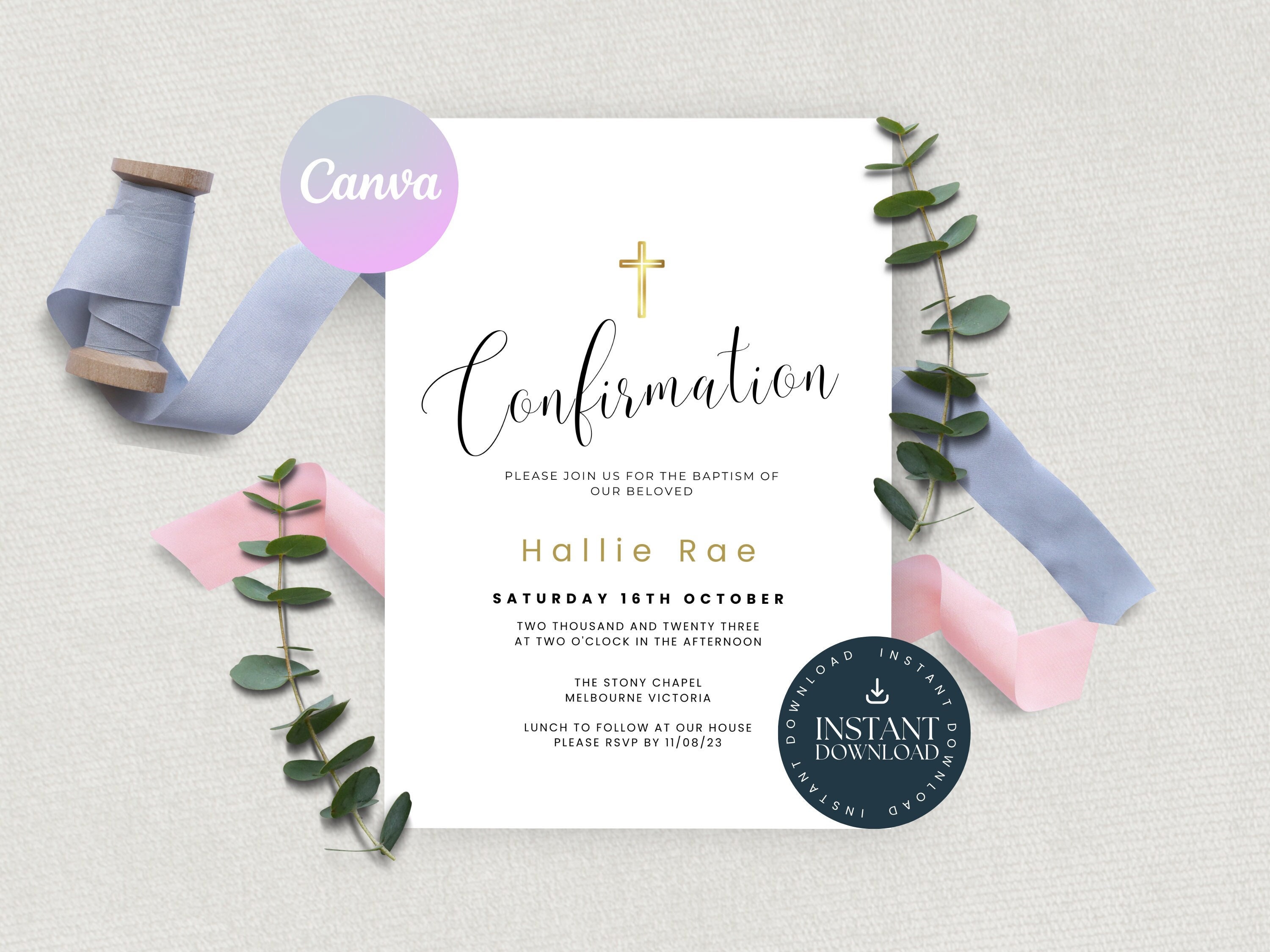 Confirmation Invitation Digital Download Cards, Elegant, Simple ...