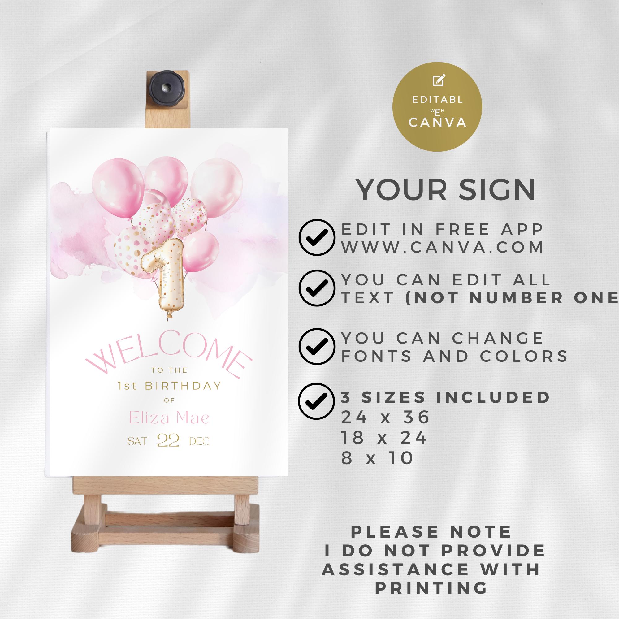 First Birthday Welcome Sign for Girl, Dusty Pink and Gold Balloon Theme ...