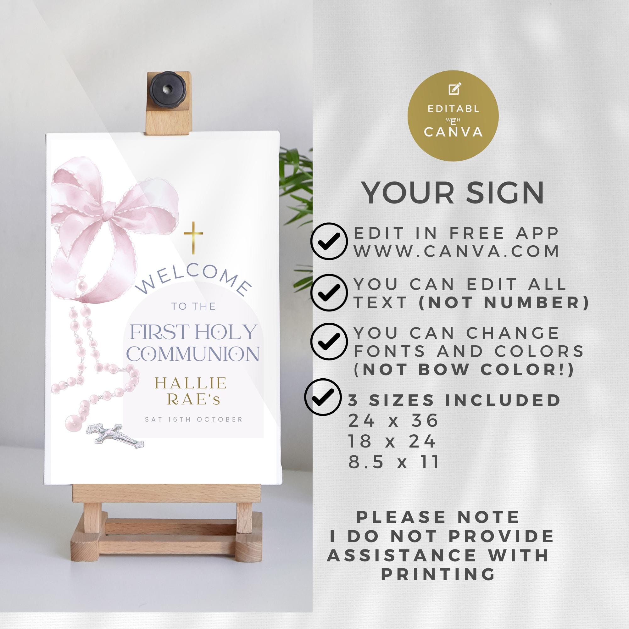 Pink First Holy Communion Welcome Sign, Watercolor 1st Communion Party ...