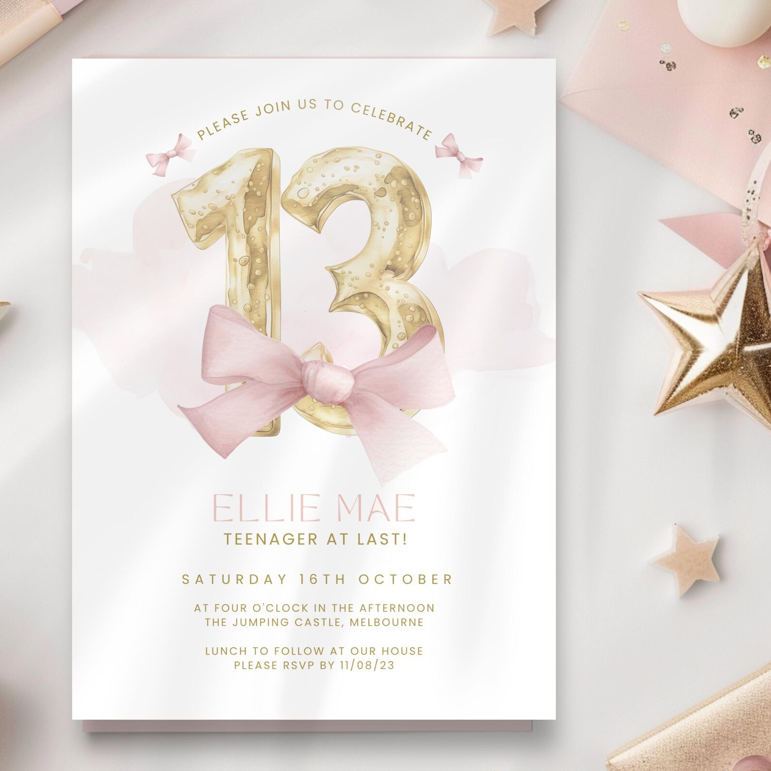 Coquette 13th Birthday Invitation, Girls Invite With Trendy Pink Bows ...