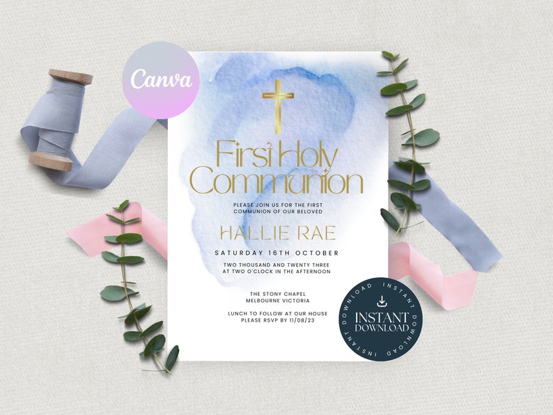 First Holy Communion Invite Boys, Simple 1st Communion Invitation Blue ...