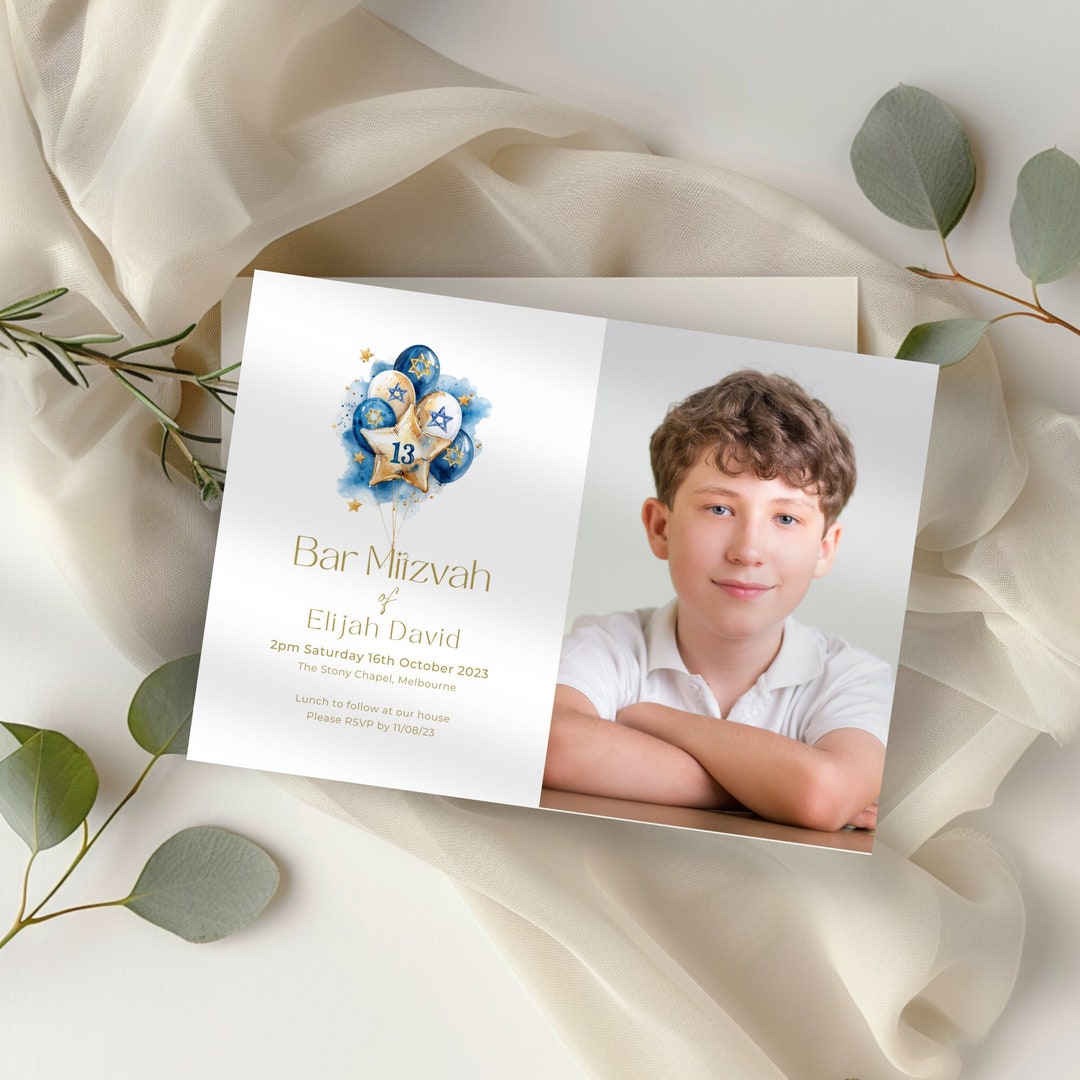 Bar Mitzvah Invitation Template, Modern Photo Invite With Star of David ...