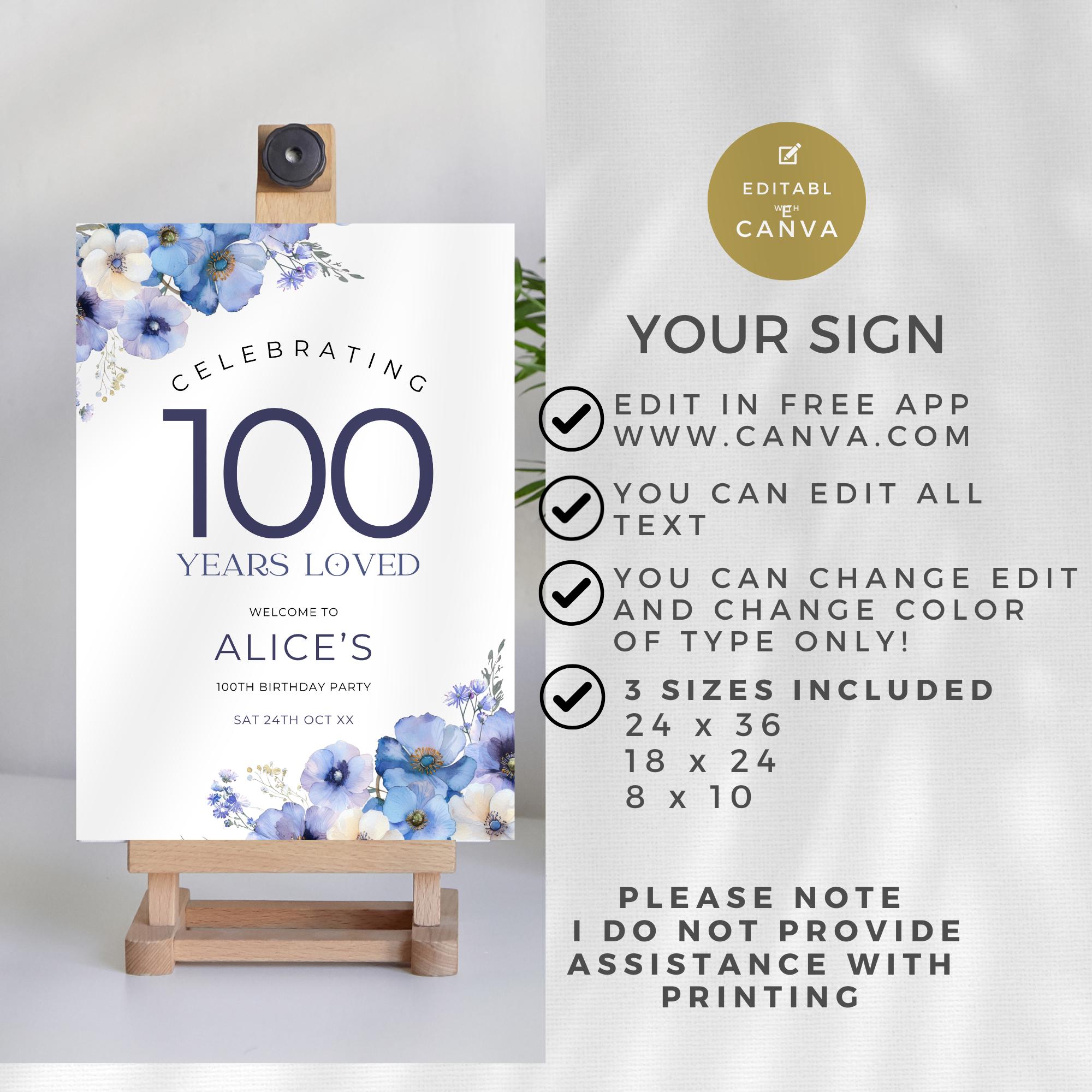 100th Birthday Sign With Flowers, 100 Years Loved Welcome Poster With ...