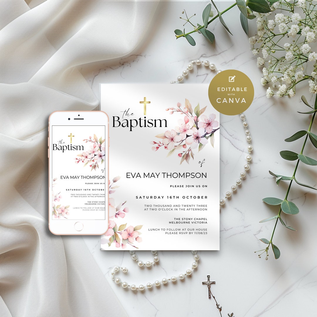 Catholic Baptism Invitation Baby Girl, Dusty Pink Floral Peony Invite ...