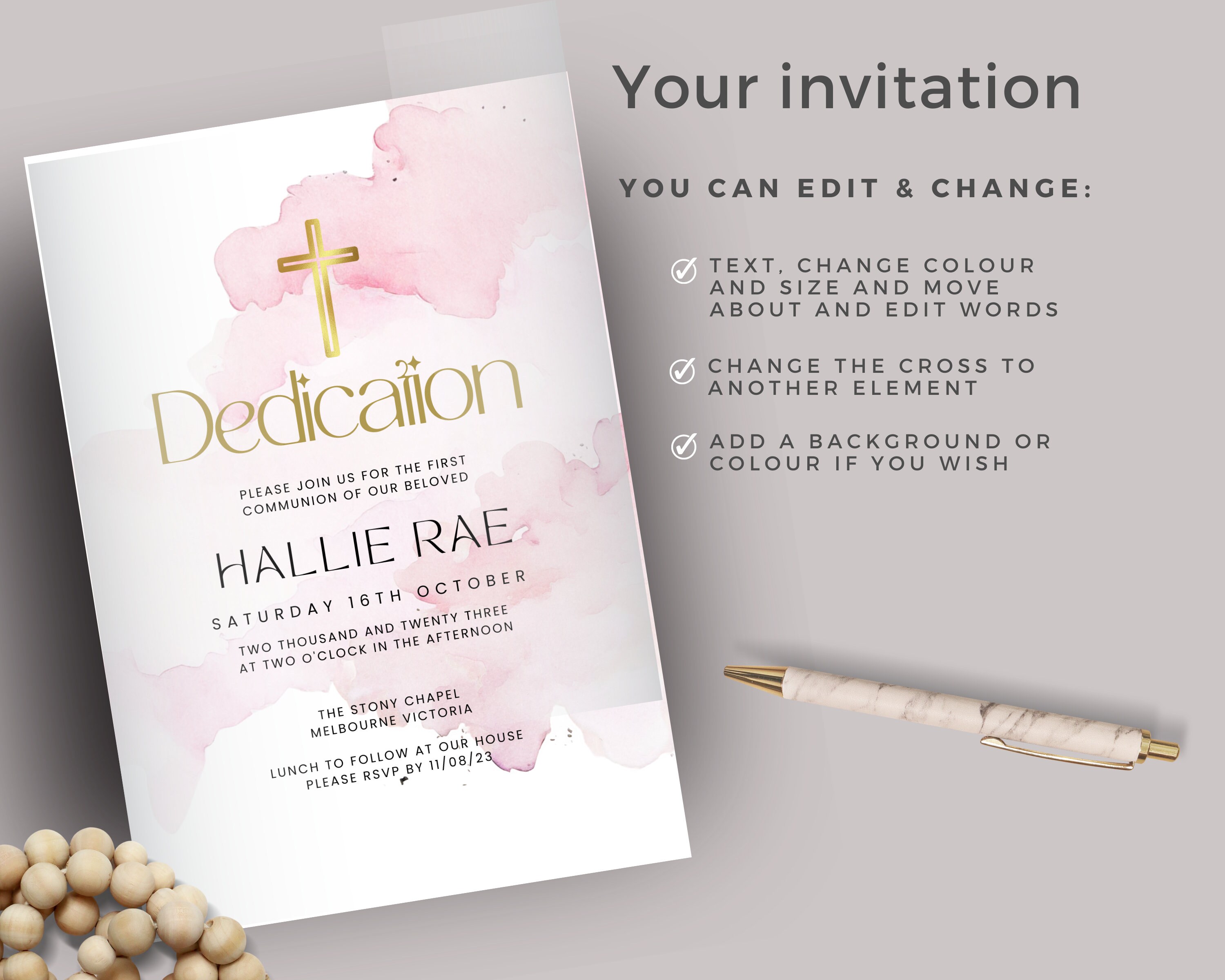 Dedication Invitation for Girls, Blush Pink and Gold Watercolor Invite ...