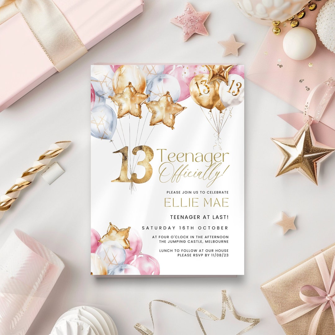 13th Birthday Invitation for Here, Pink, White & Gold, Tween to Teen ...