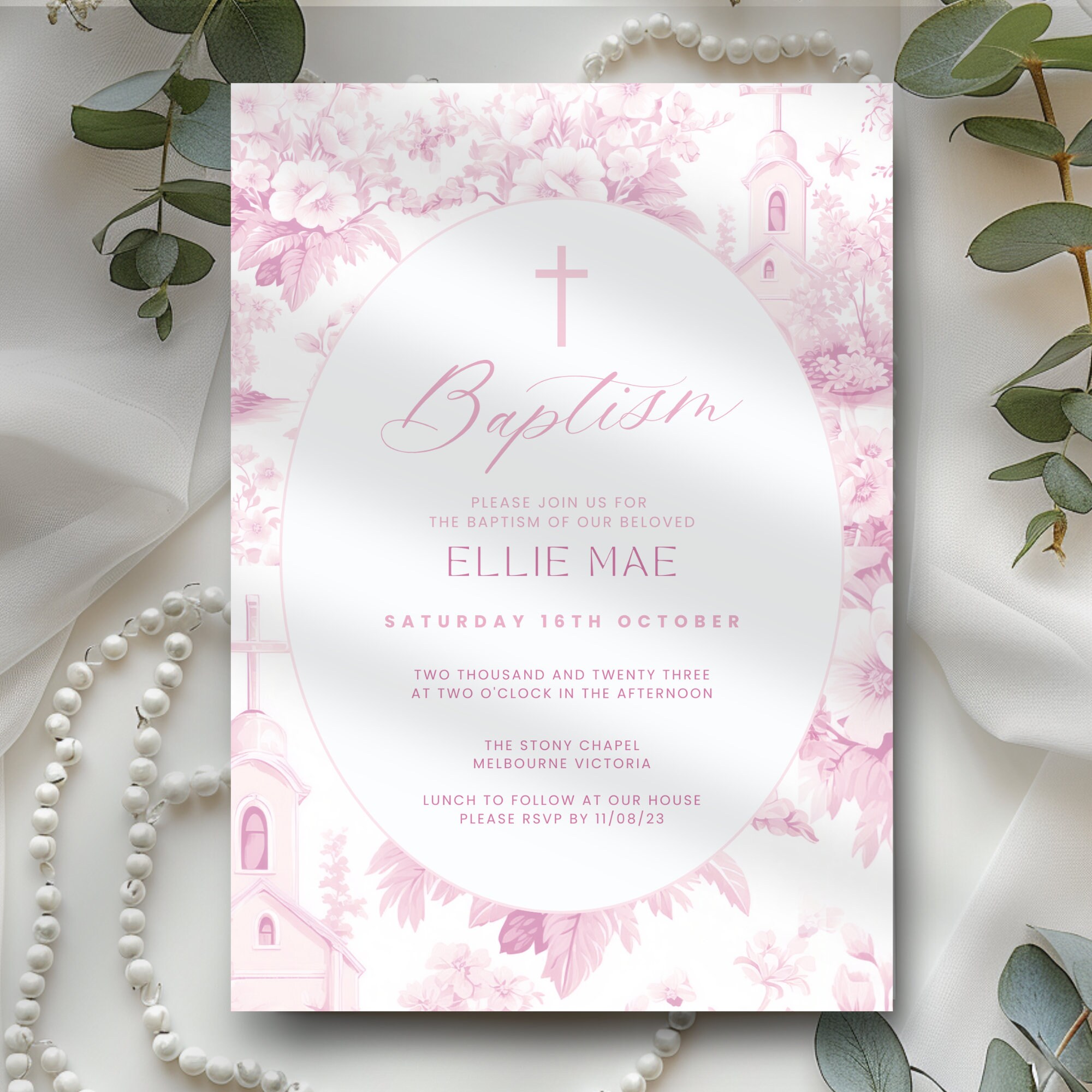 Baptism Invitation Girl, Toile De Jouy, Dusty Pink, Digital ...