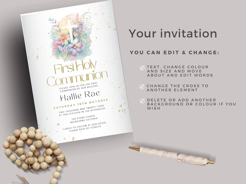 Girls First Holy Communion Invitation, Pink Watercolor Invite With ...