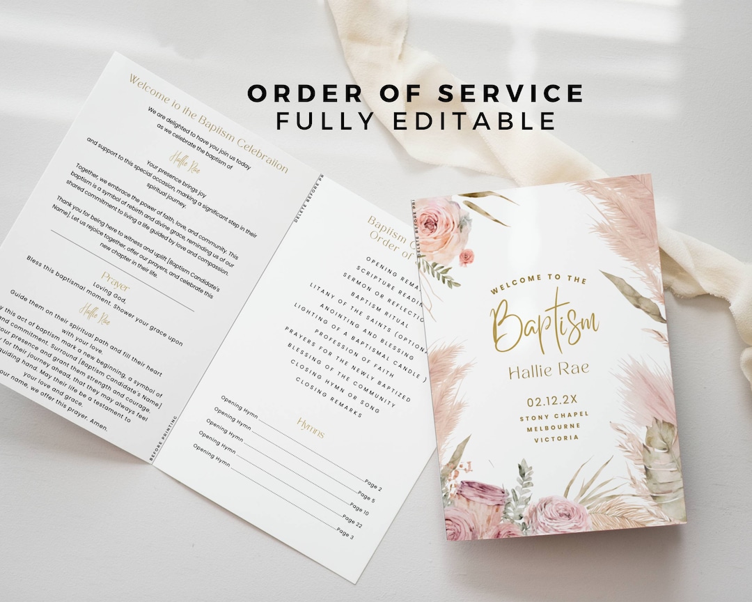 Baptism Order of Service, Pampas Grass, Pink, Church Program ...