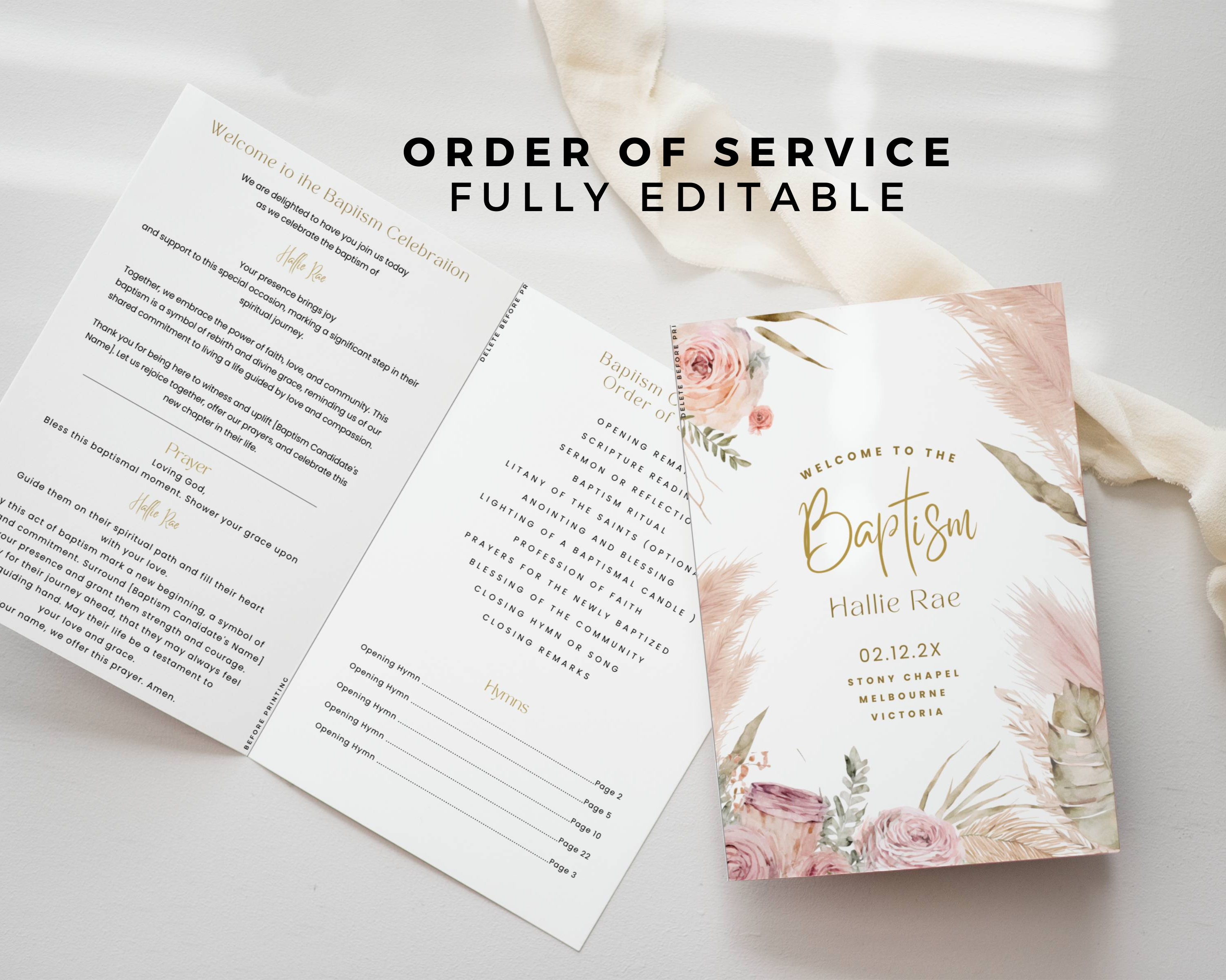 Baptism Order of Service, Pampas Grass, Pink, Church Program ...