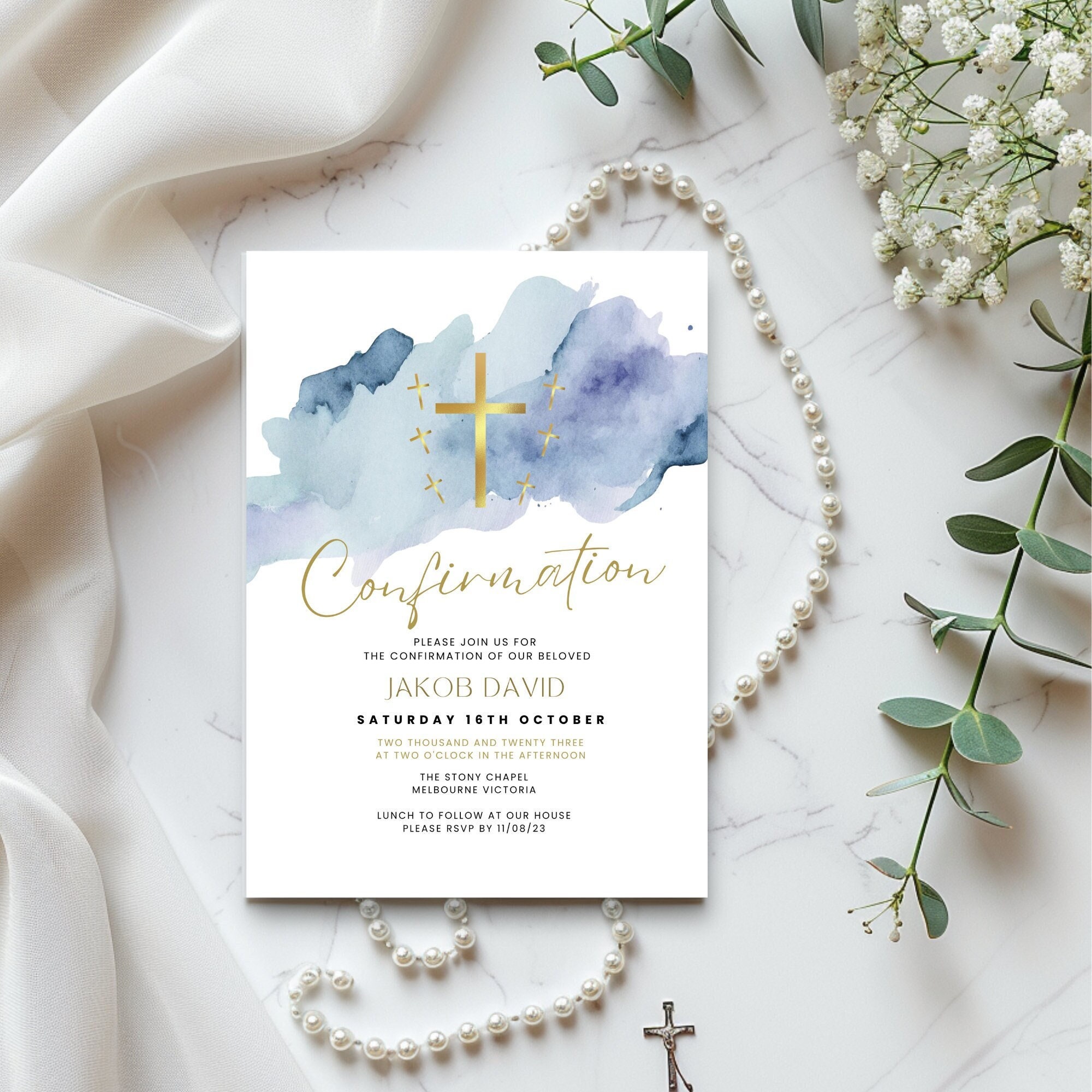 Navy and Gold Confirmation Invitations, Boys Editable Catholic Invites ...