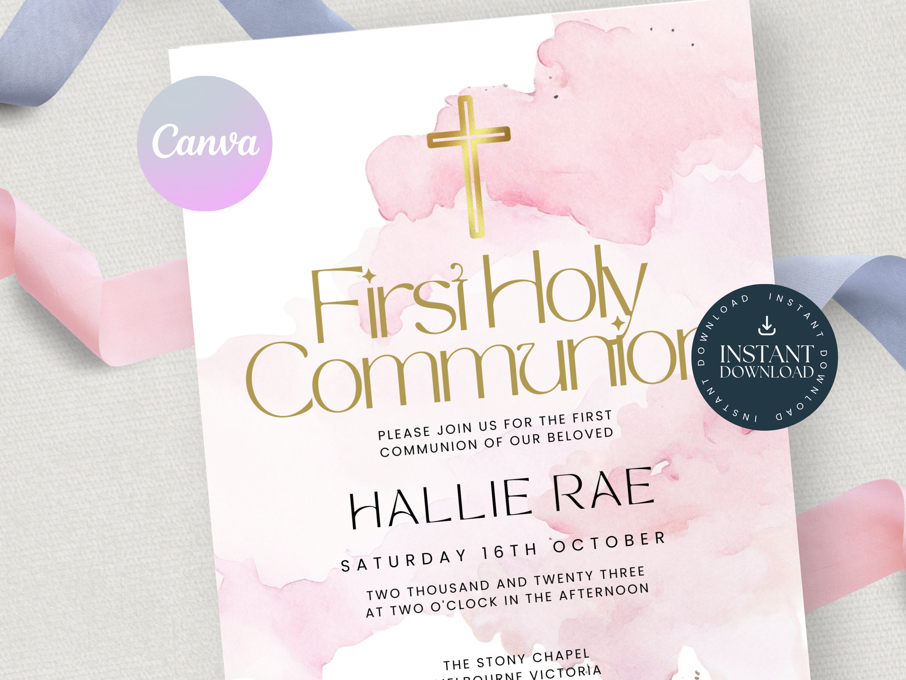 Girls First Holy Communion Invitation, Pink Watercolor Invite With ...