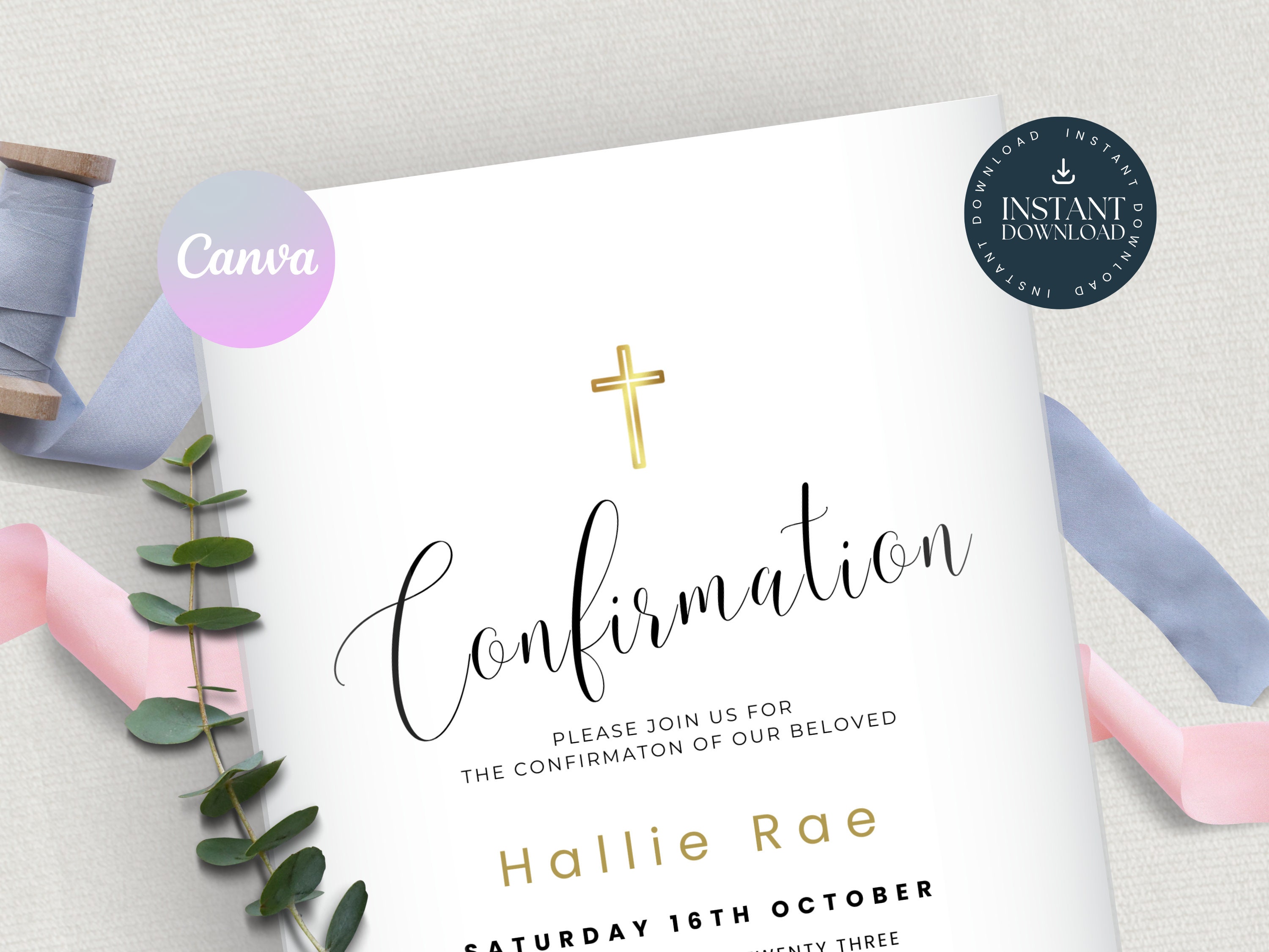 Confirmation Invitation Digital Download Cards, Elegant, Simple ...