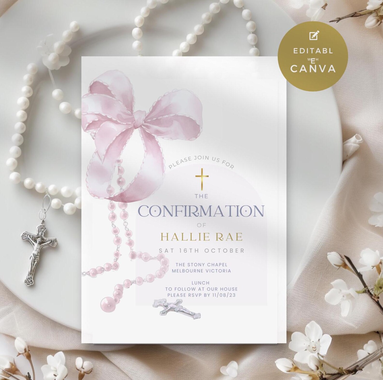 Pink Bow Confirmation Invitation, Modern and Traditional Catholic ...