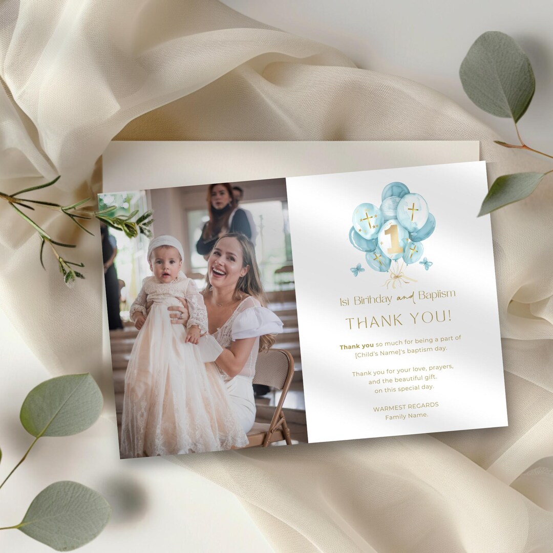 Baptism and 1st Birthday Thank You Card With Picture, Blue Balloons ...