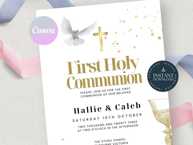 Editable Holy Communion Invitation Card Template for Girl or Boy, White ...