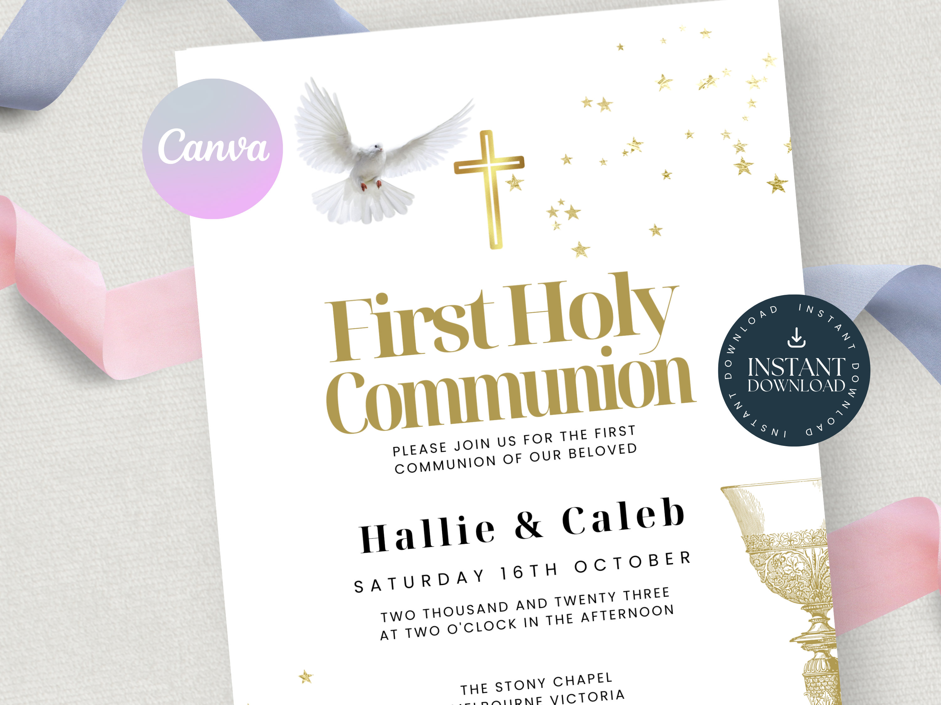 Editable Holy Communion Invitation Card Template for Girl or Boy, White ...