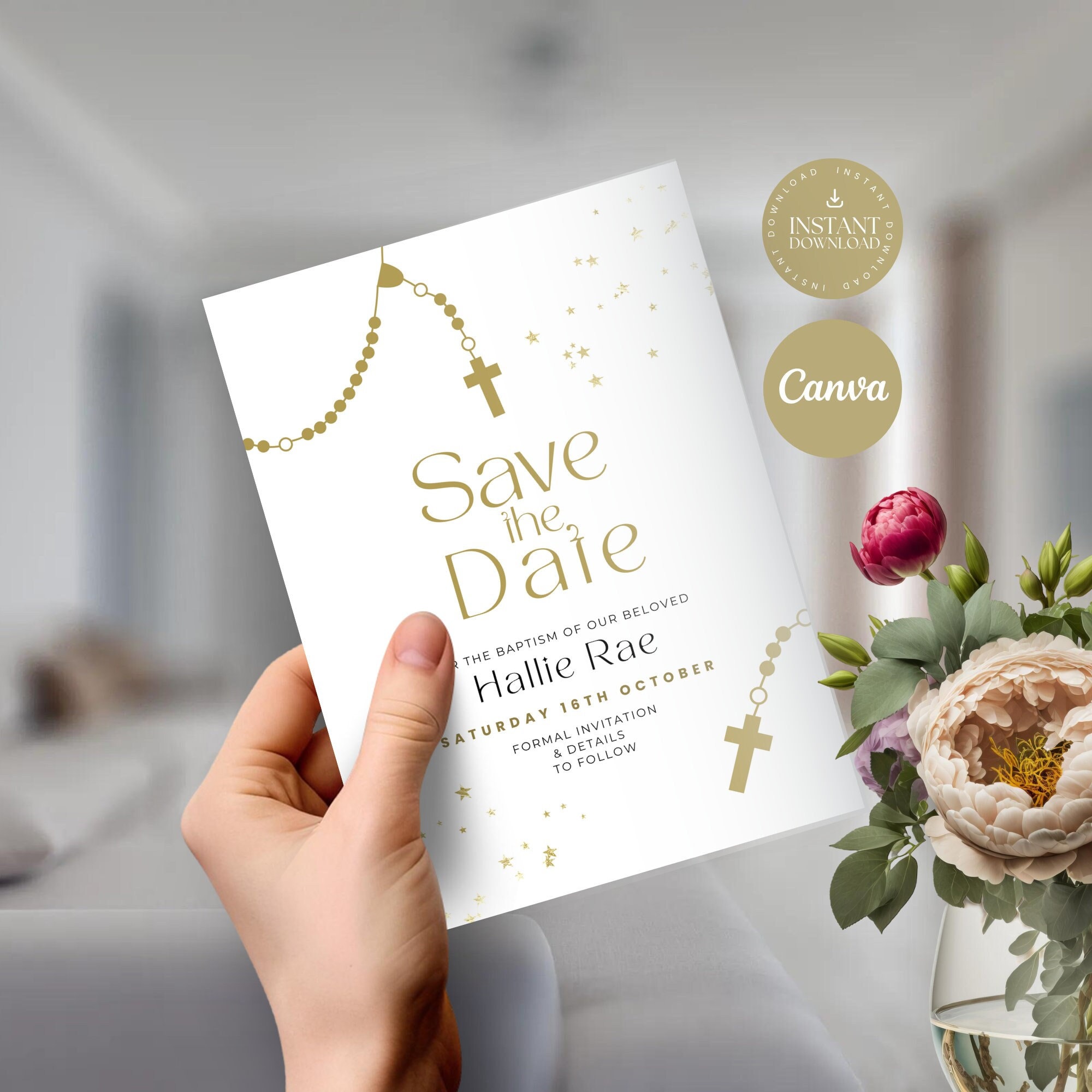 Save the Date Baptism Invitations, Modern Gold and White Invitation ...