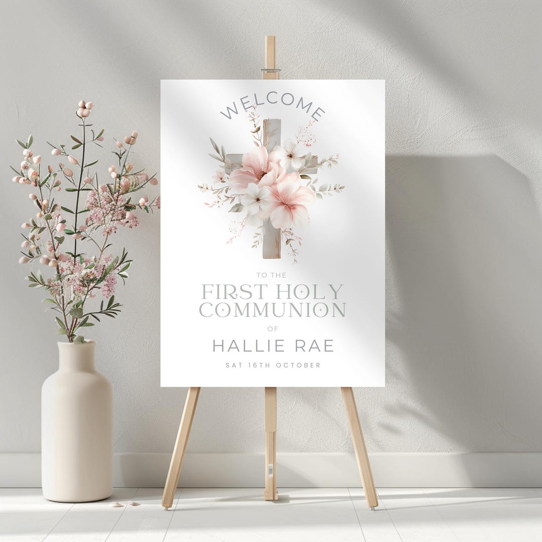 First Holy Communion Welcome Sign, Floral 1st Communion Poster ...