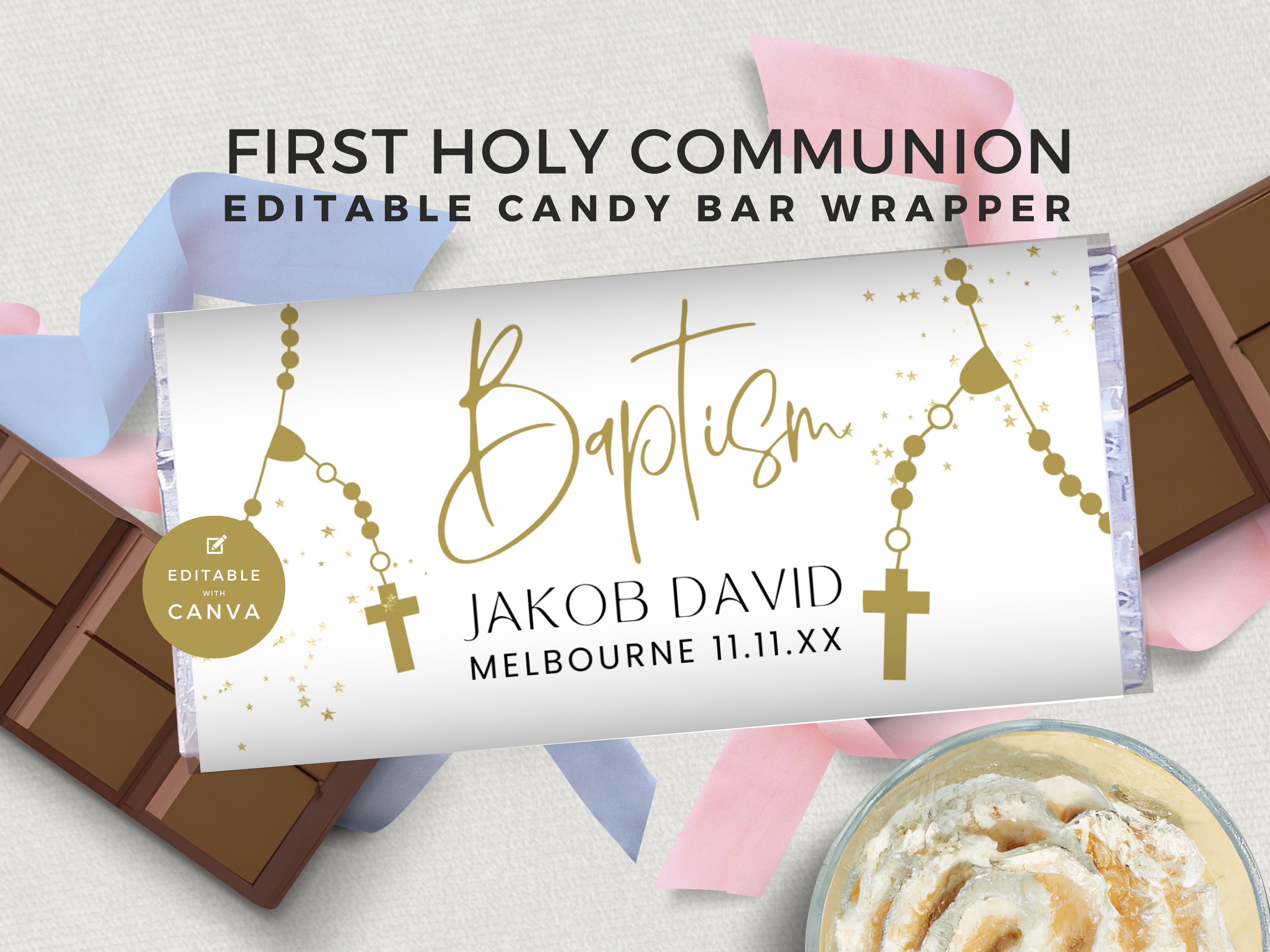 Baptism Chocolate Bar Wrapper, Hershey Wrapper Gold Rosary With Cross ...