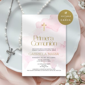 First Holy Communion Invitation Spanish, Girls Pink Primera Comunion ...