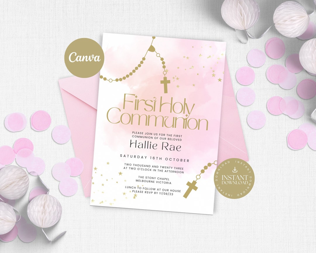 Editable Holy Communion Invitation Card Template, Pink, Gold Watercolor ...
