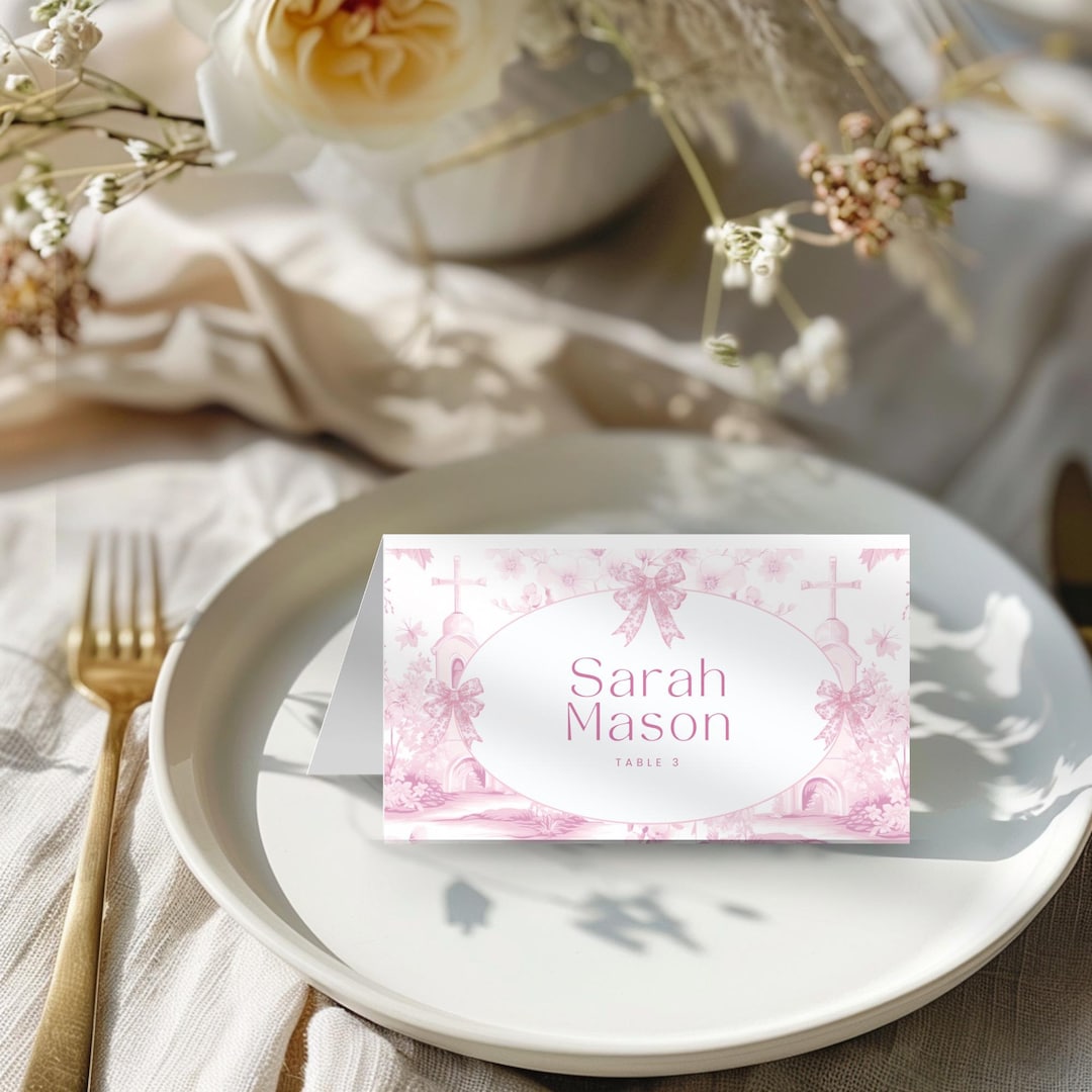 Baptism Place Card Table Template, Pink Toile Christening Table Place ...