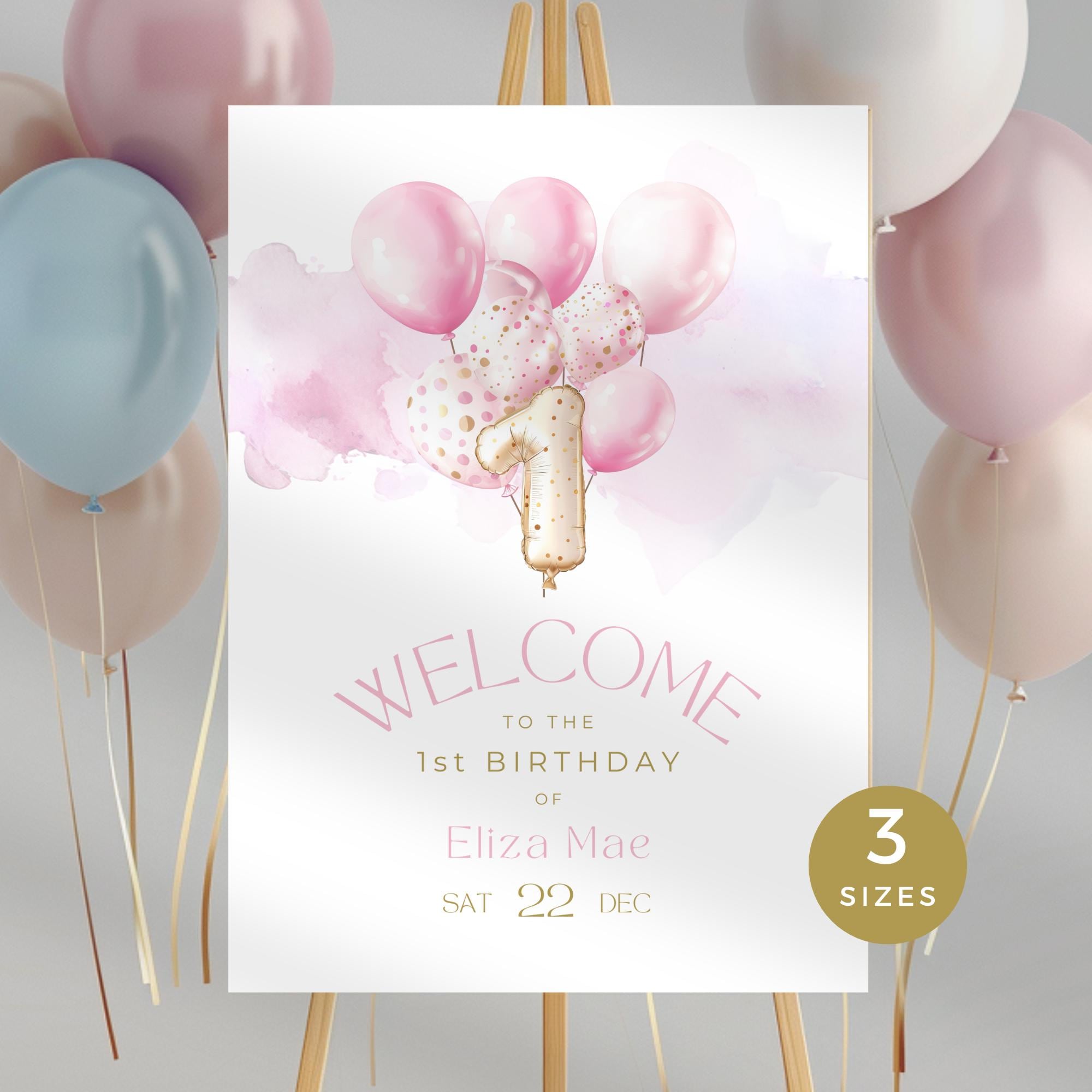 First Birthday Welcome Sign for Girl, Dusty Pink and Gold Balloon Theme ...