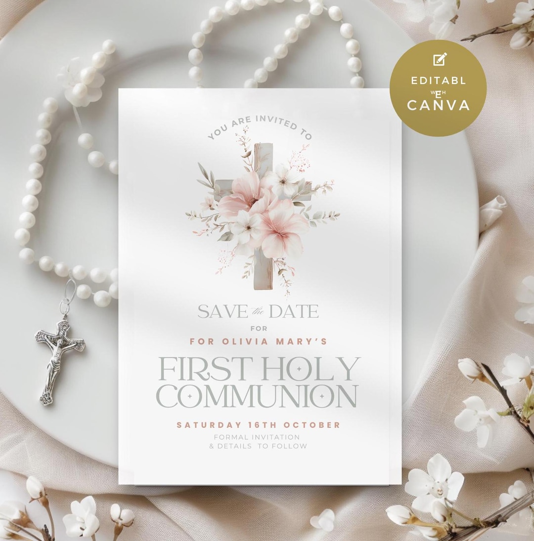 Girls First Holy Communion Save the Date Invitation, 1st Communion ...