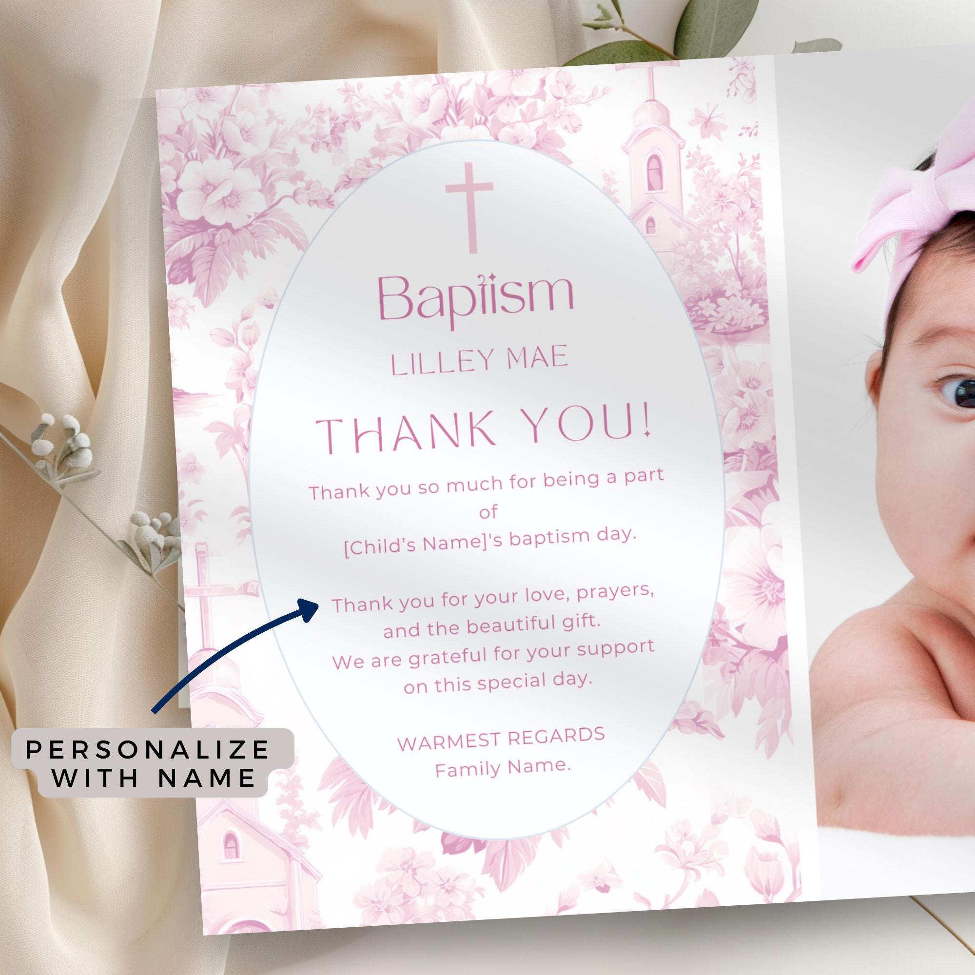 Baptism Thank You Card With Picture, Dusty Pink Toile De Jouy, Editable ...