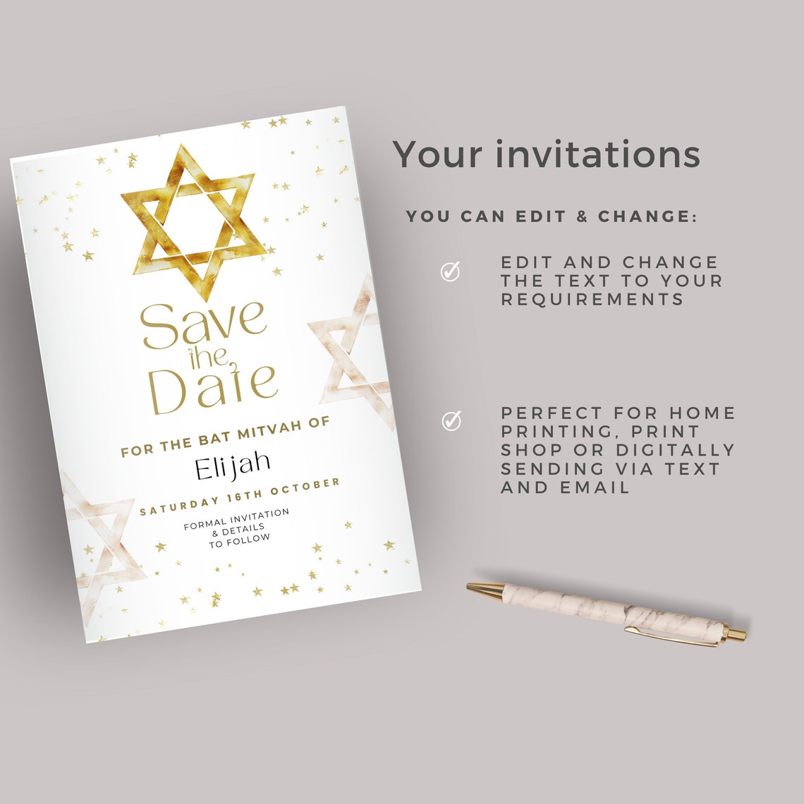 Save the Date Bat Mitzvah, Bar Mitzvah Digital Invite, Star of David ...