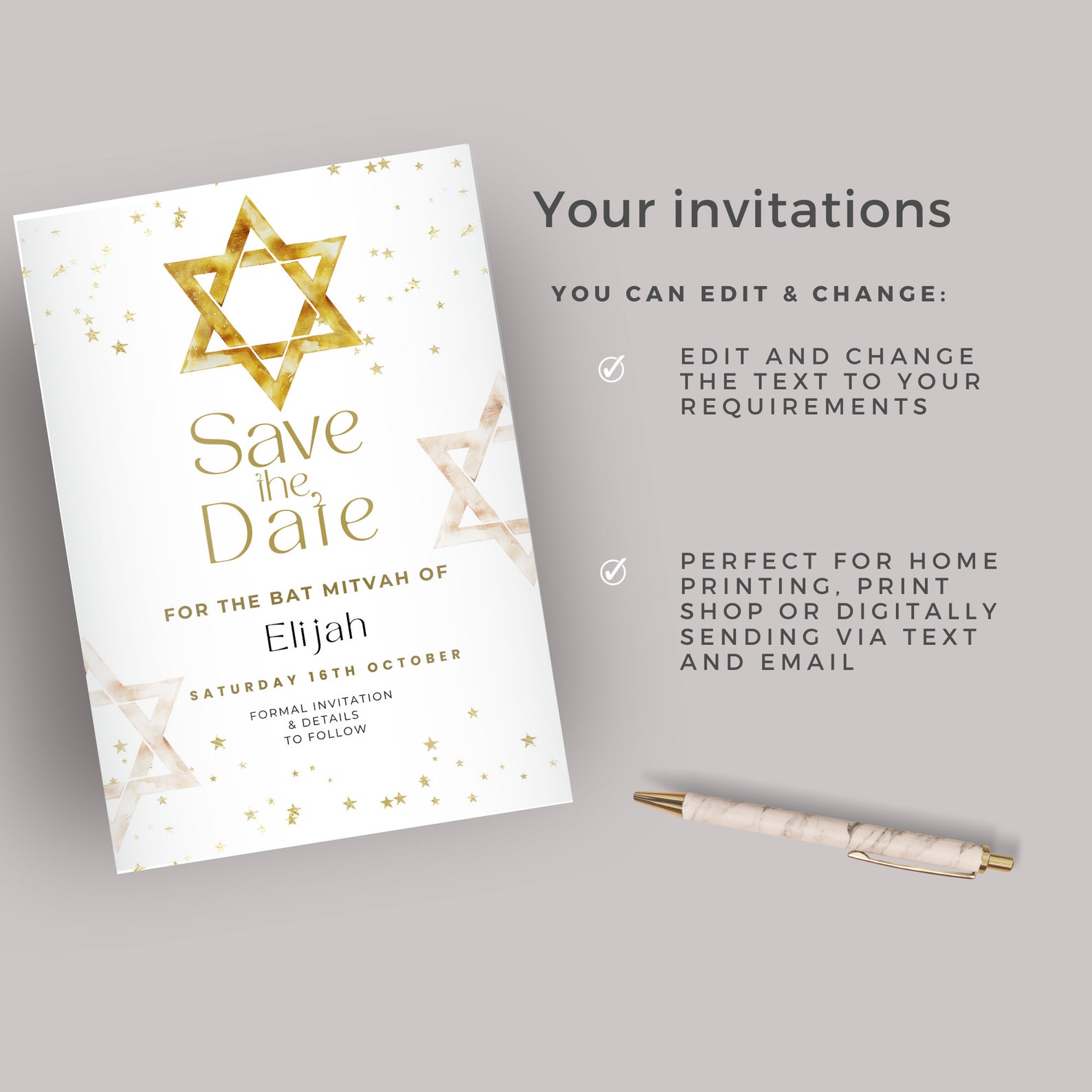 Save the Date Bat Mitzvah, Bar Mitzvah Digital Invite, Star of David ...