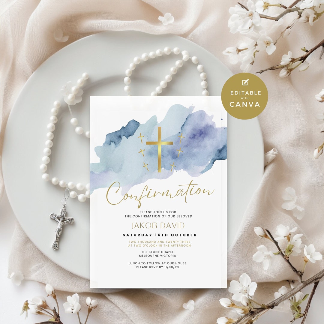 Confirmation Invitation for Boys, Navy Blue Catholic Invite, Editable ...