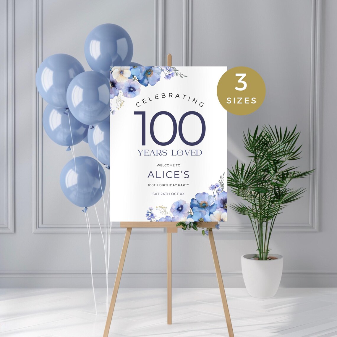 100th Birthday Sign With Flowers, 100 Years Loved Welcome Poster With ...