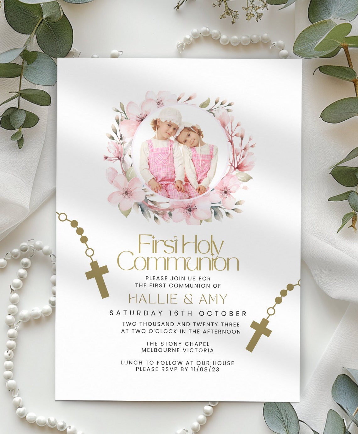 First Communion Invitation Twin Girls, 1st Communion Invite With Photo ...