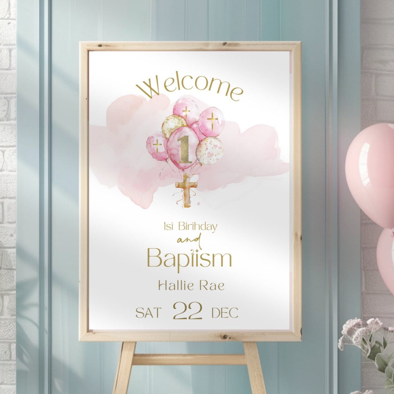 Baptism and First Birthday Welcome Sign, Pink 1st Birthday Poster for ...