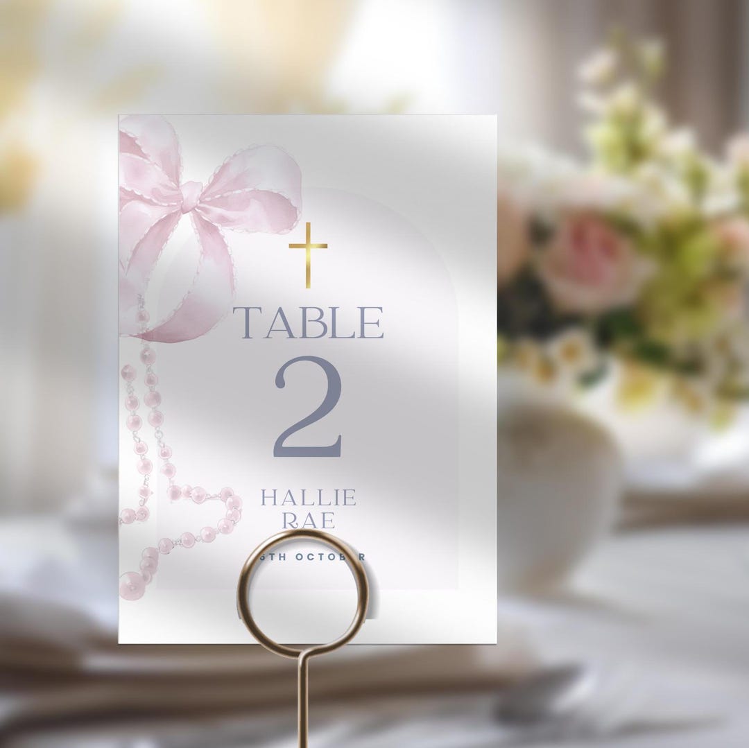 Holy Communion or Baptism Table Number, Pink Bow & Rosary Theme ...