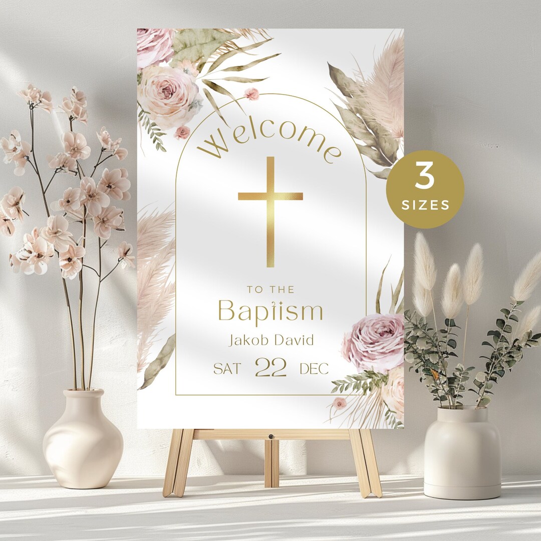 Baptism Welcome Sign Arch, Rustic Boho Pink Floral Flowers, Pampas ...