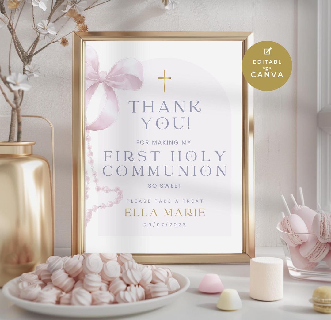 First Holy Communion Pink Bow Favor Sign, Thank You for Coming Signage ...