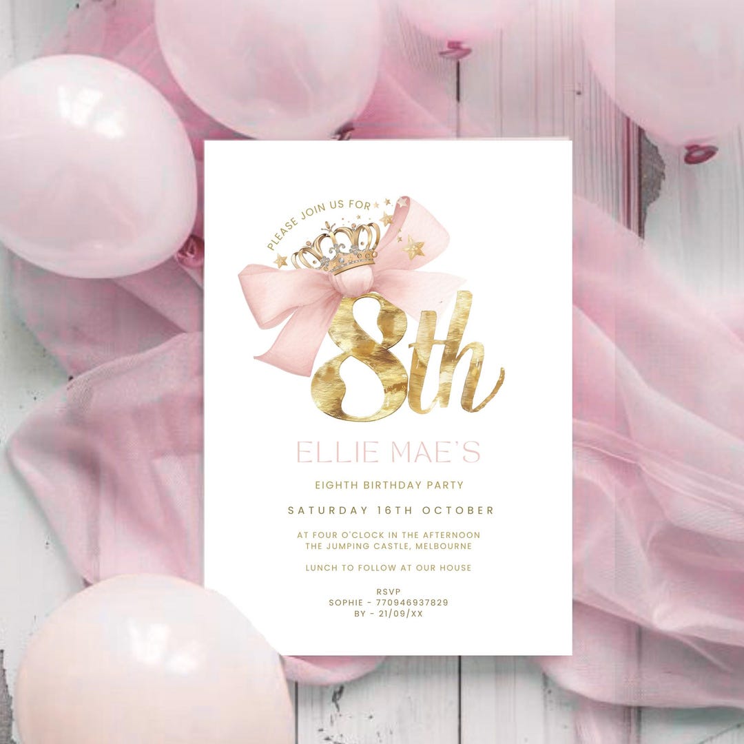 8th Birthday Invitation, Girls Invite With Modern Coquette Pink Bow and ...