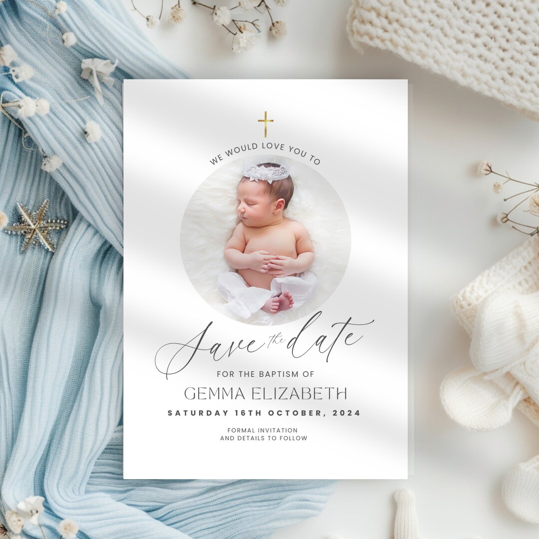 Baptism Save the Date Invitation With Photo, Minimalist Catholic Invite ...