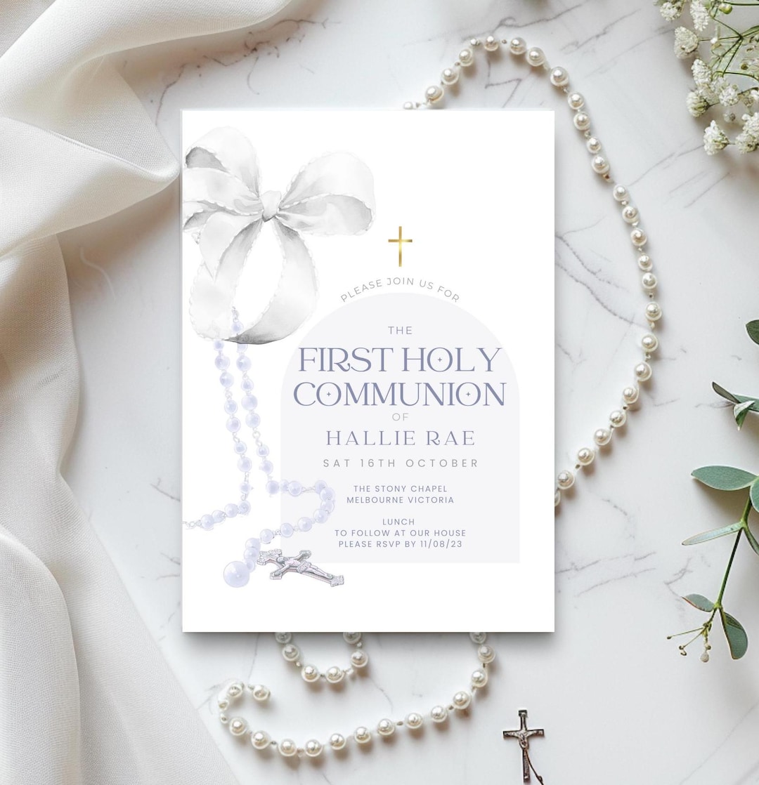 White Bow First Holy Communion Invitation, 1st Communion Invite for ...