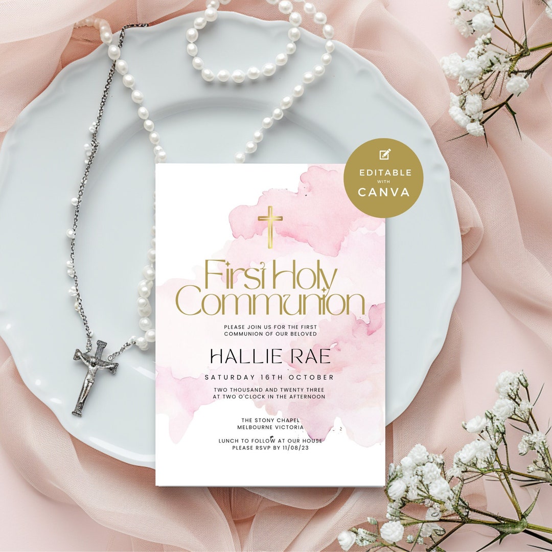 Girls First Holy Communion Invitation, Pink Watercolor Invite With ...