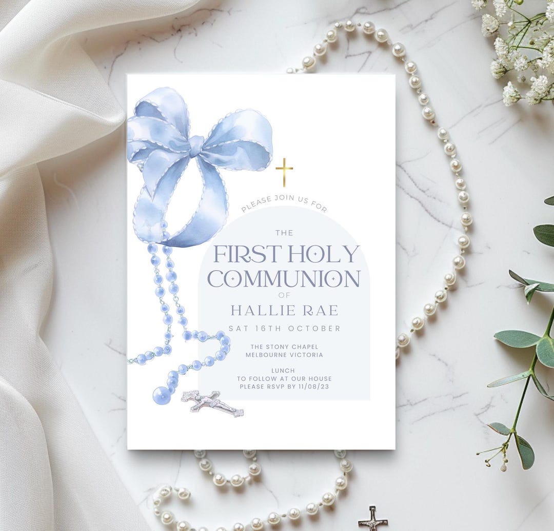 First Holy Communion Invitation Blue Bow, 1st Communion Invite for Girl ...