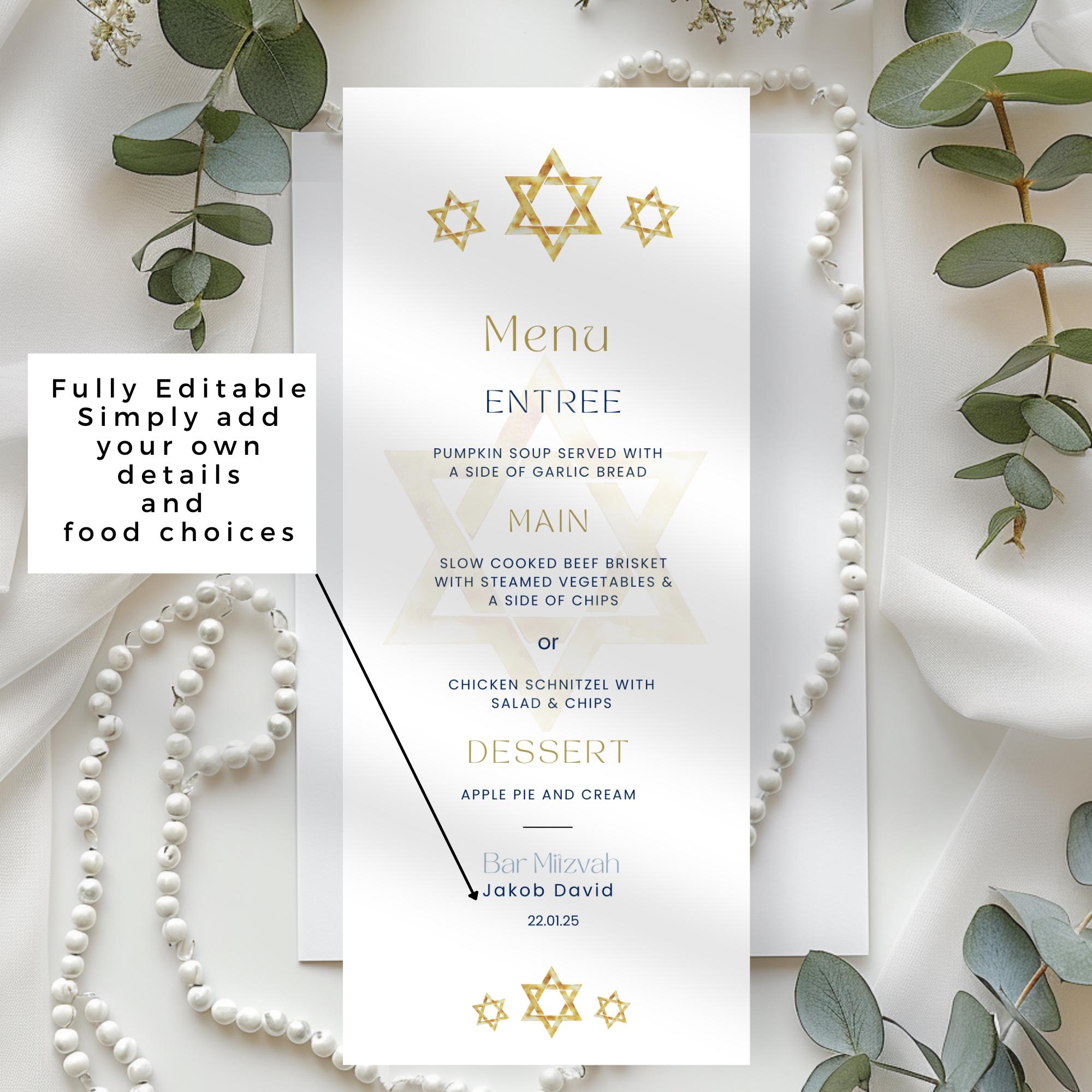 Bar Mitzvah Table Menu, Jewish Gold Star of David Decor, Bat Mizvah ...